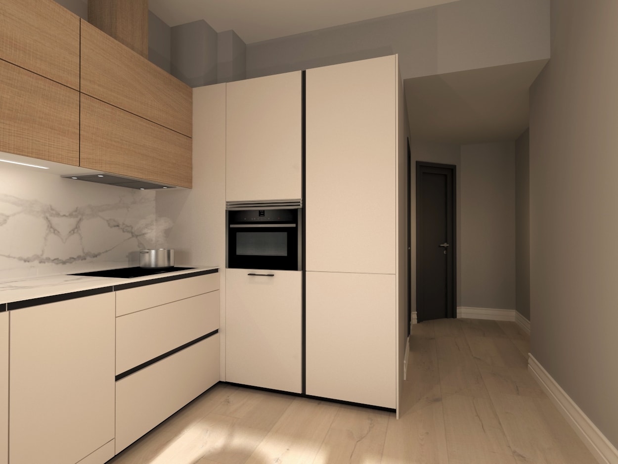 Cocina Santos cashmere y roble en L y encimera de Inalco | Docrys & DC